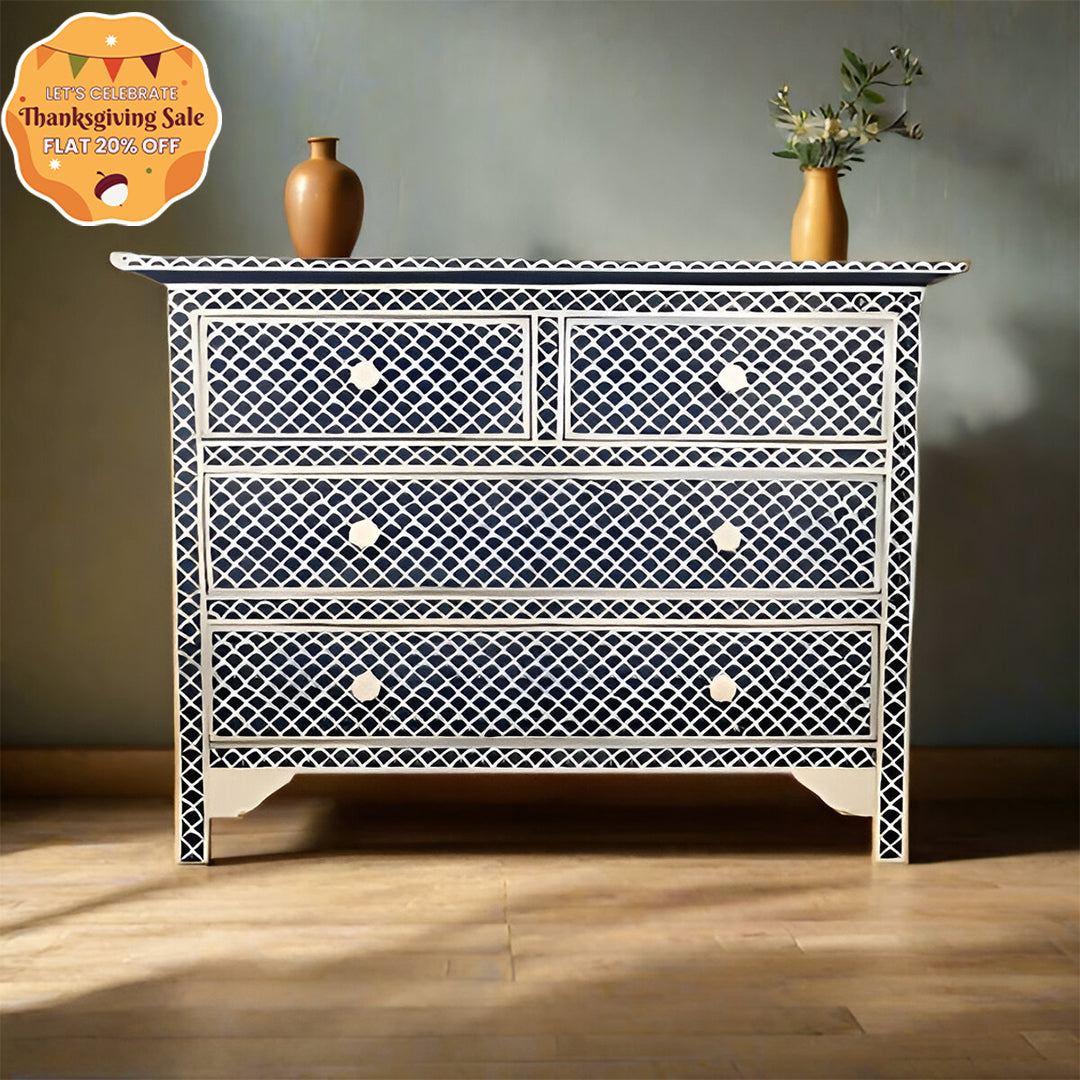 Bone Inlay Chest Of 4 Drawers , Fish Scale Pattern In Indigo – Bone ...
