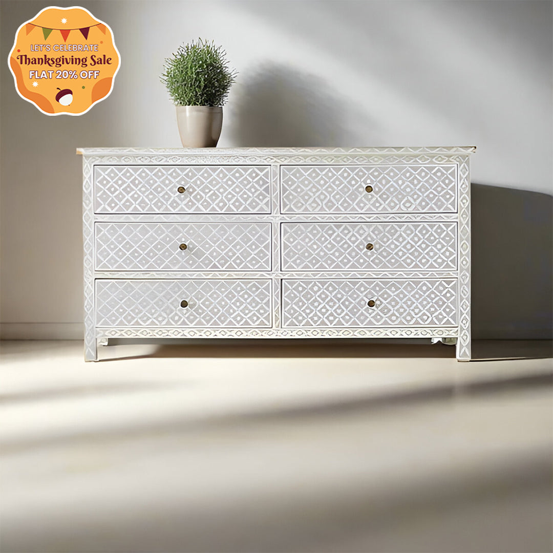 Bone Inlay Chest Of 6 Drawers, Eye Pattern In White – Bone Inlay Arts