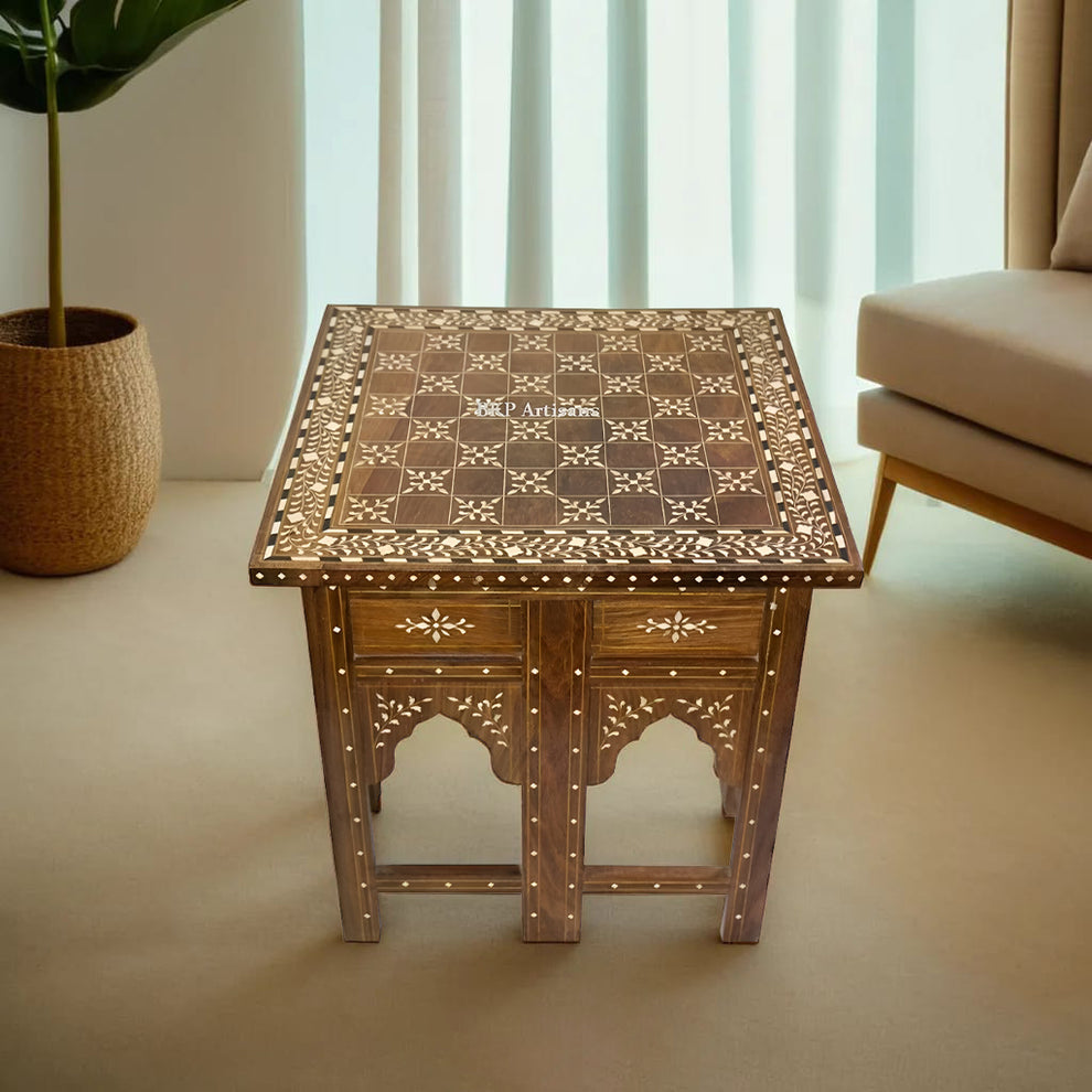 Teak Wood Bone Inlay Pattern Stool – Bone Inlay Arts