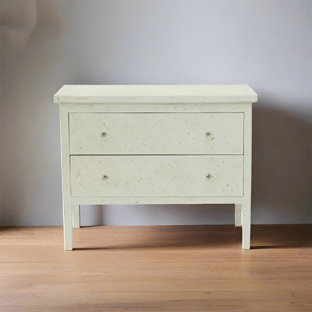 Bone Inlay Chest Of 2 Drawers, Star Eye Pattern In White – Bone Inlay Arts