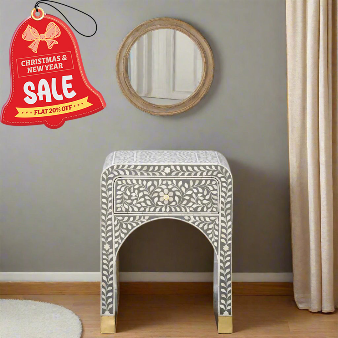Bone Inlay Curved Bedside Table - Floral – Bone Inlay Arts