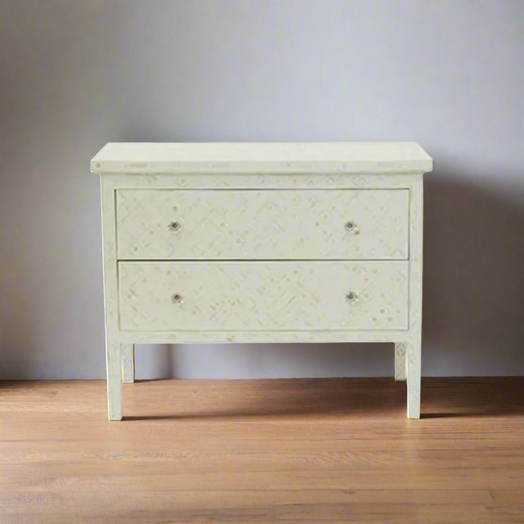Bone Inlay Chest Of 2 Drawers, Star Eye Pattern In White – Bone Inlay Arts