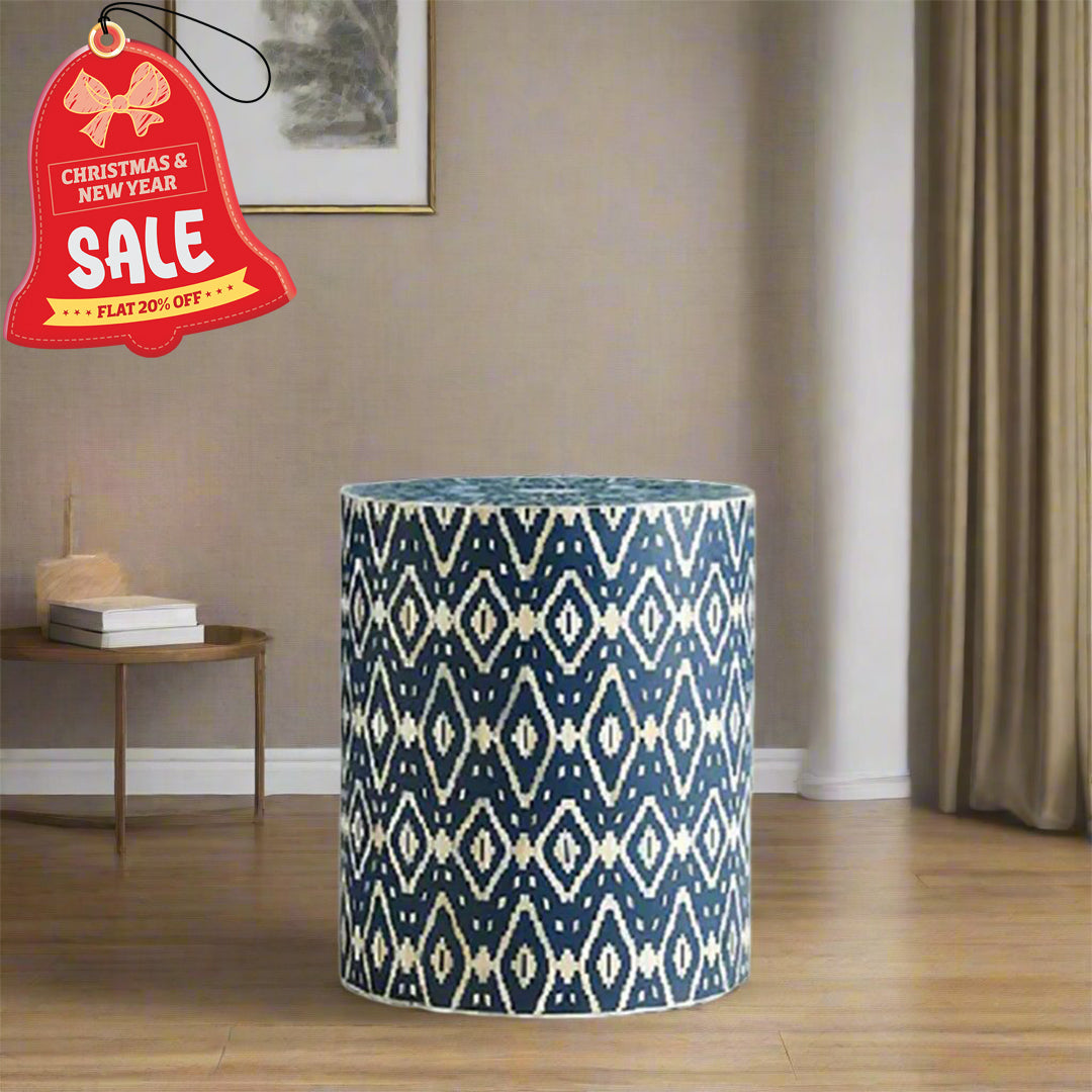 HANDMADE BLUE BONE INLAY ROUND STOOL IN GEOMETRICAL IKKAT PATTERN ...