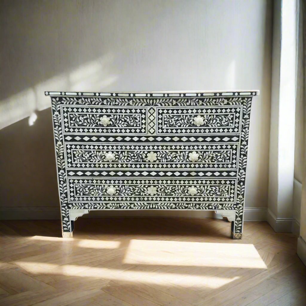 Bone Inlay Chest Of 4 Drawers , Floral Pattern In Black – Bone Inlay Arts