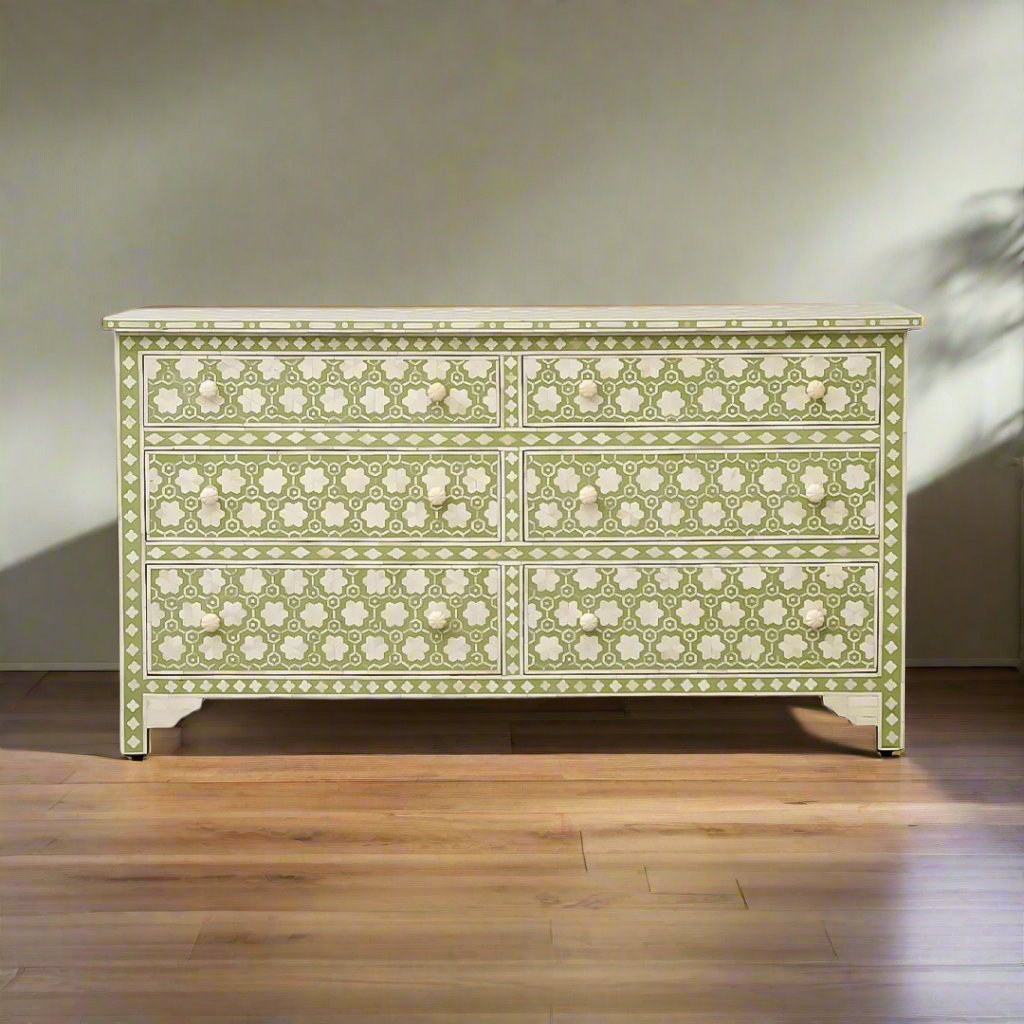 Handmade Bone Inlay Chest Of 6 Drawers- Green – Bone Inlay Arts