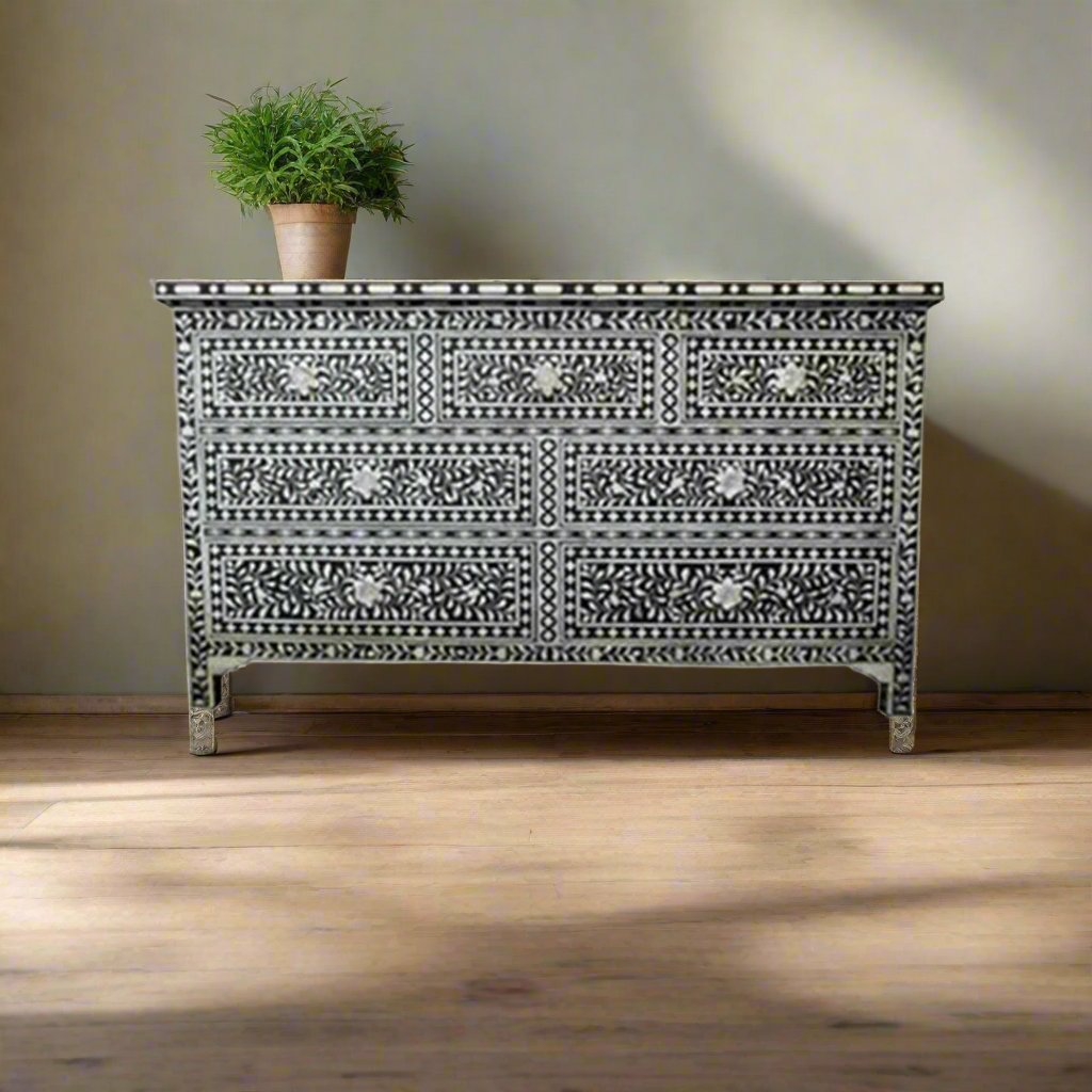 Bone Inlay Chest Of 7 Drawers, Floral Pattern In Black – Bone Inlay Arts