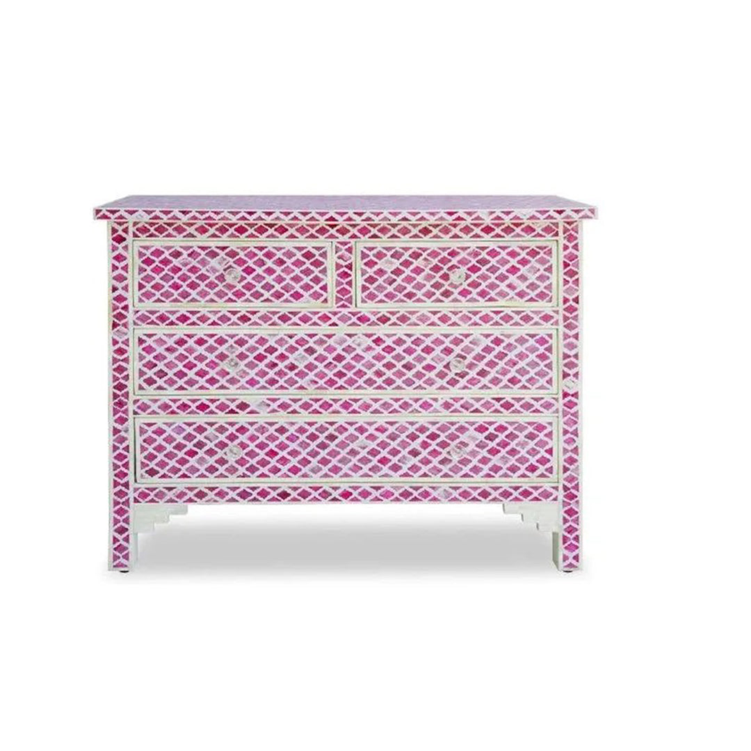 Bone Inlay Chest Of 4 Drawers , Eye Pattern In Pink – Bone Inlay Arts