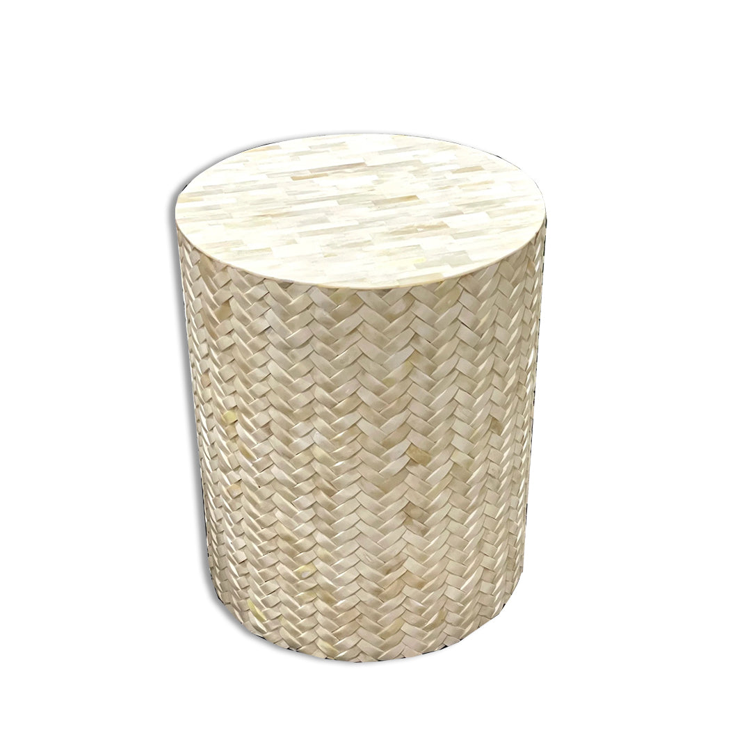 Handmade Customized Bone Inlay Round Stool- BASKET WEAVE – Bone Inlay Arts