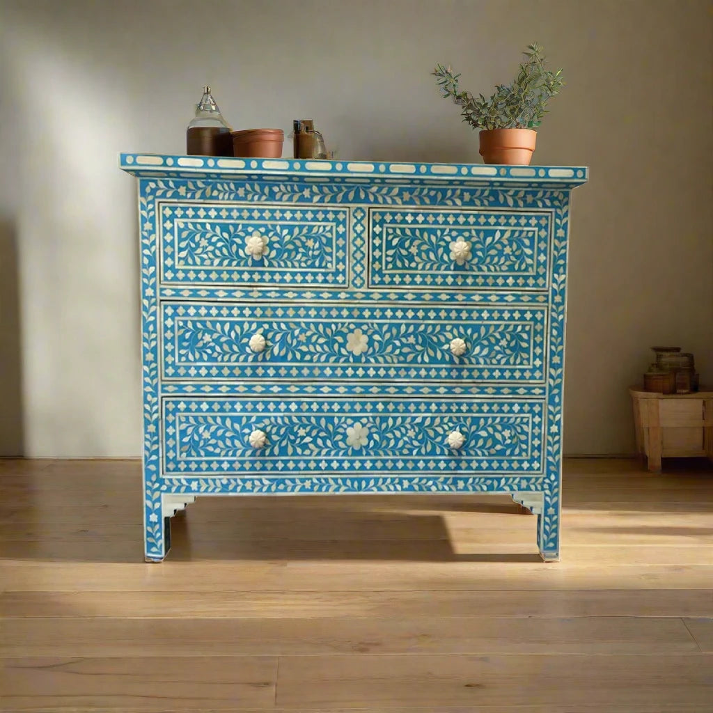 HANDMADE BRIGHT BLUE BONE INLAY CHEST OF 4 DRAWERS FOR HOME DECOR ...