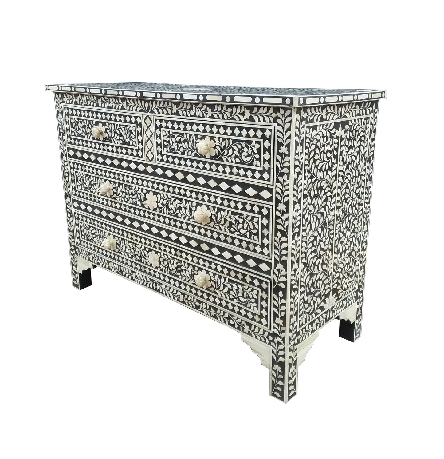 Bone Inlay Chest Of 4 Drawers , Floral Pattern In Black – Bone Inlay Arts