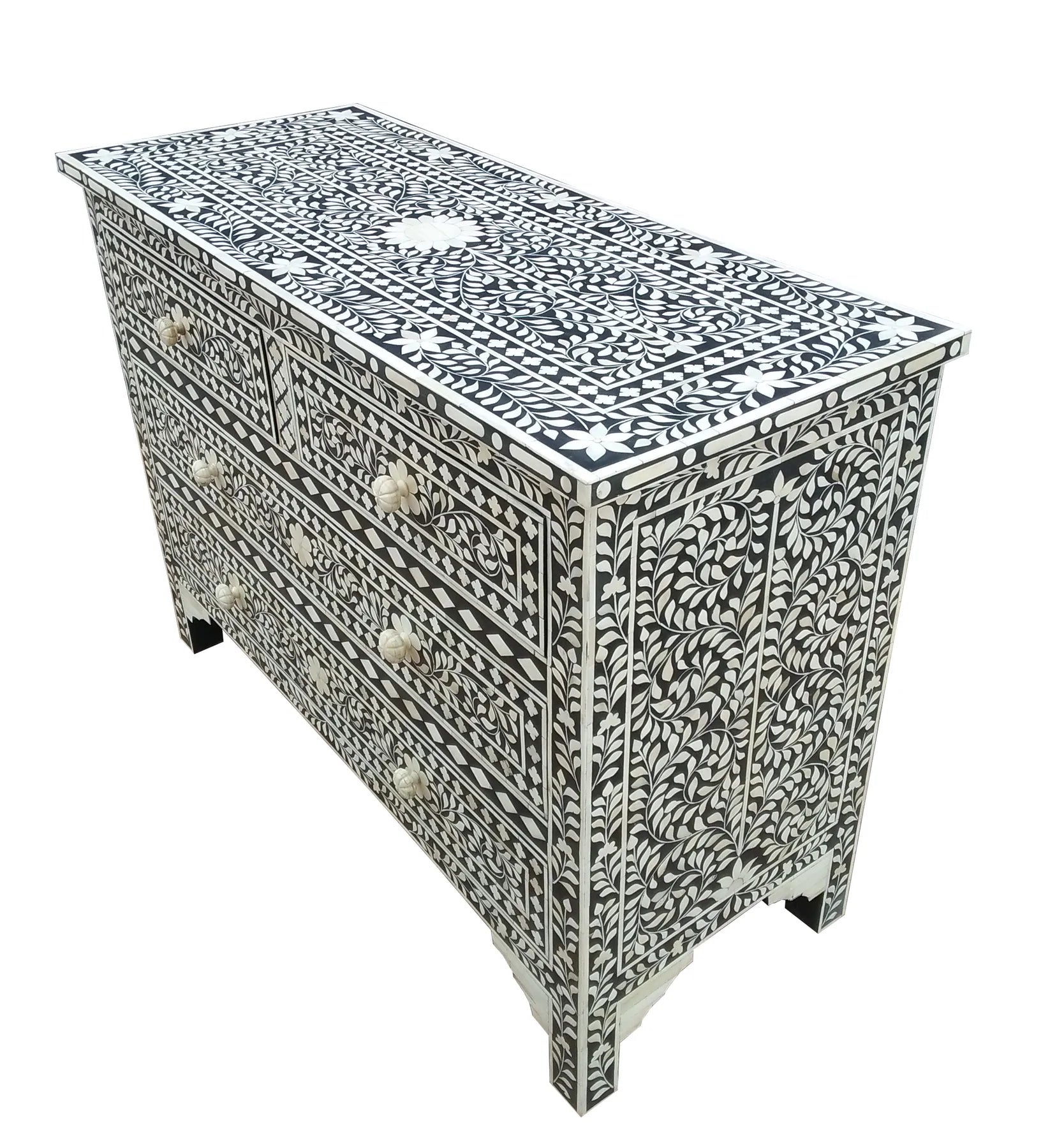 Bone Inlay Chest Of 4 Drawers , Floral Pattern In Black – Bone Inlay Arts